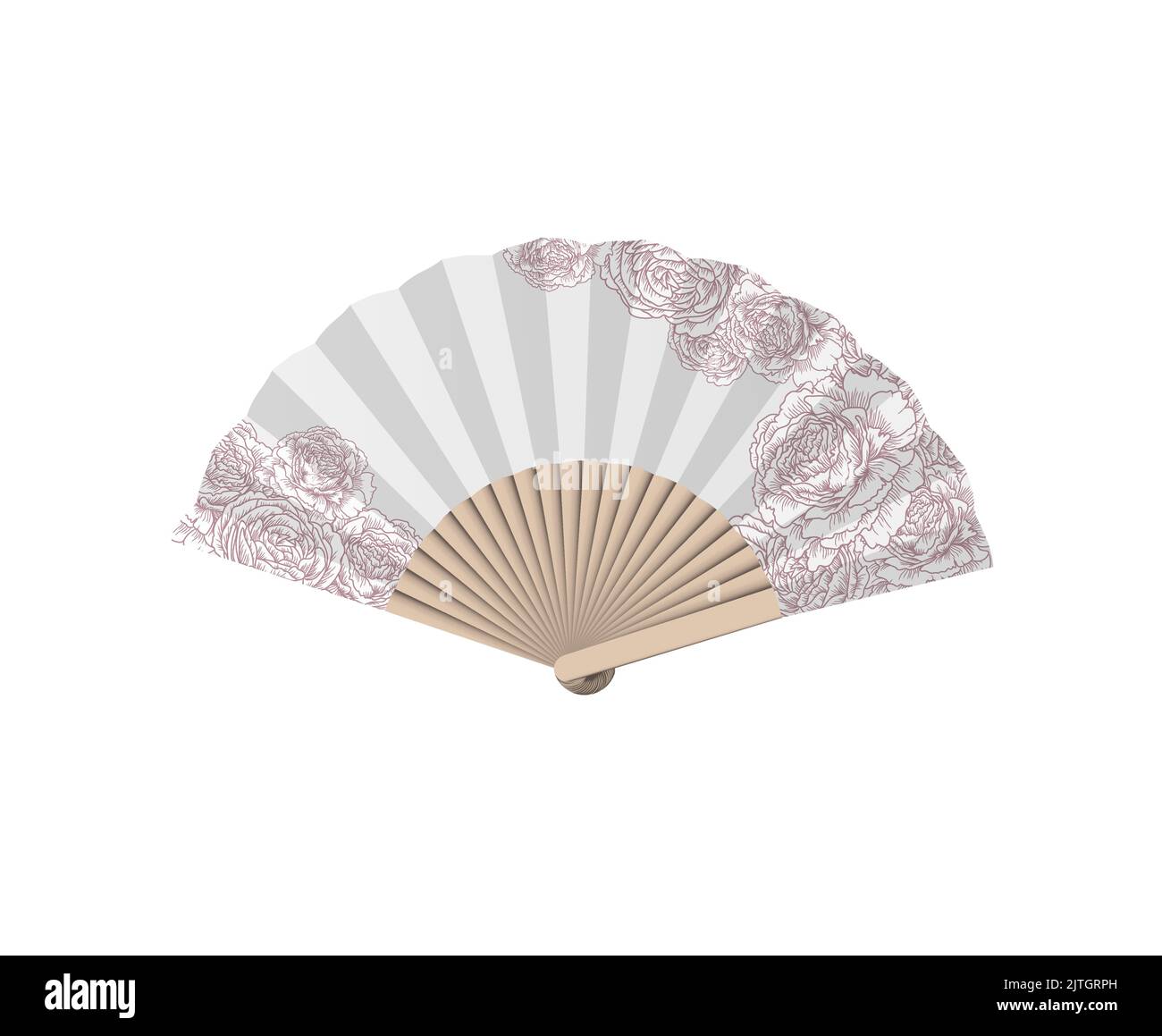 Hand fan, Japanese geisha white paper air fan with rose flowers. Vector ...