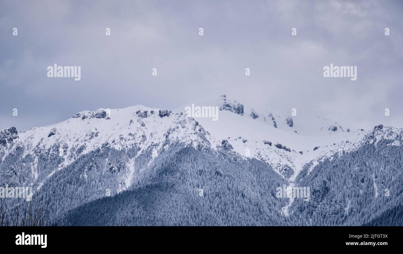 A beautiful view of the top of the snowy Bucegi Mountains near Brasov ...