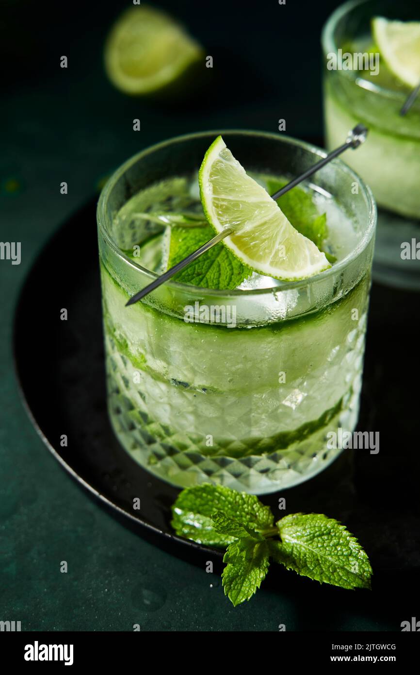 Cucumber and Lime G&T on tray Stock Photo - Alamy