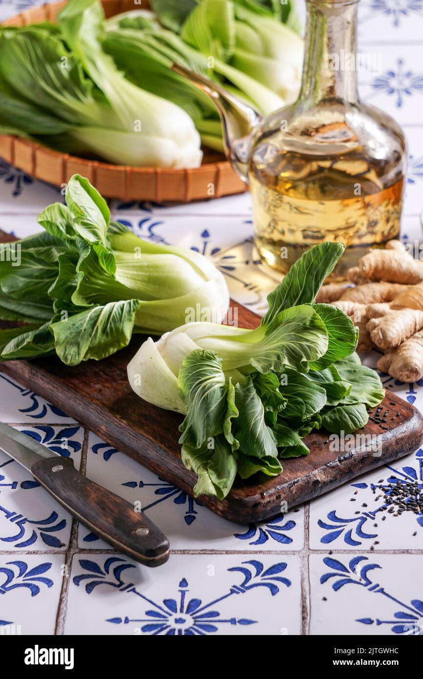 Fresh Bok Choy or Pak Choi (Chinese cabbage), with black sesame and ...