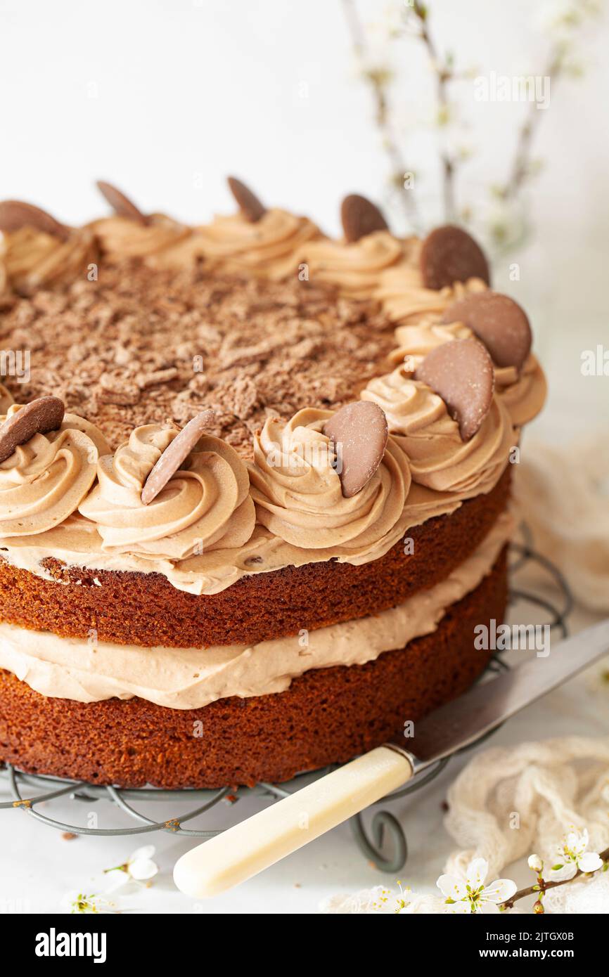 A milk chocolate sponge cake with chocolate frosting, flaked chocolate ...