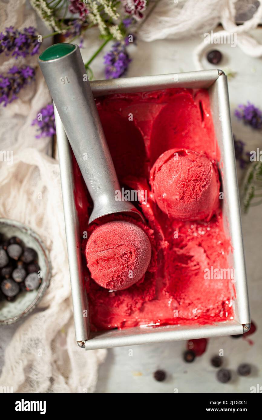 Blackcurrant sorbet being scooped from a metal tub Stock Photo - Alamy