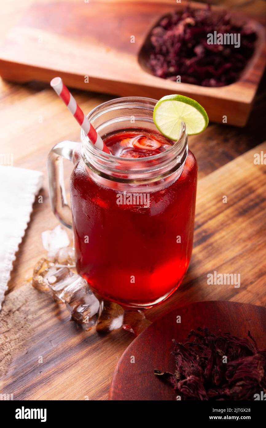 Agua de jamaica. Ibiscus tea made as an infusion from roselle flower ...