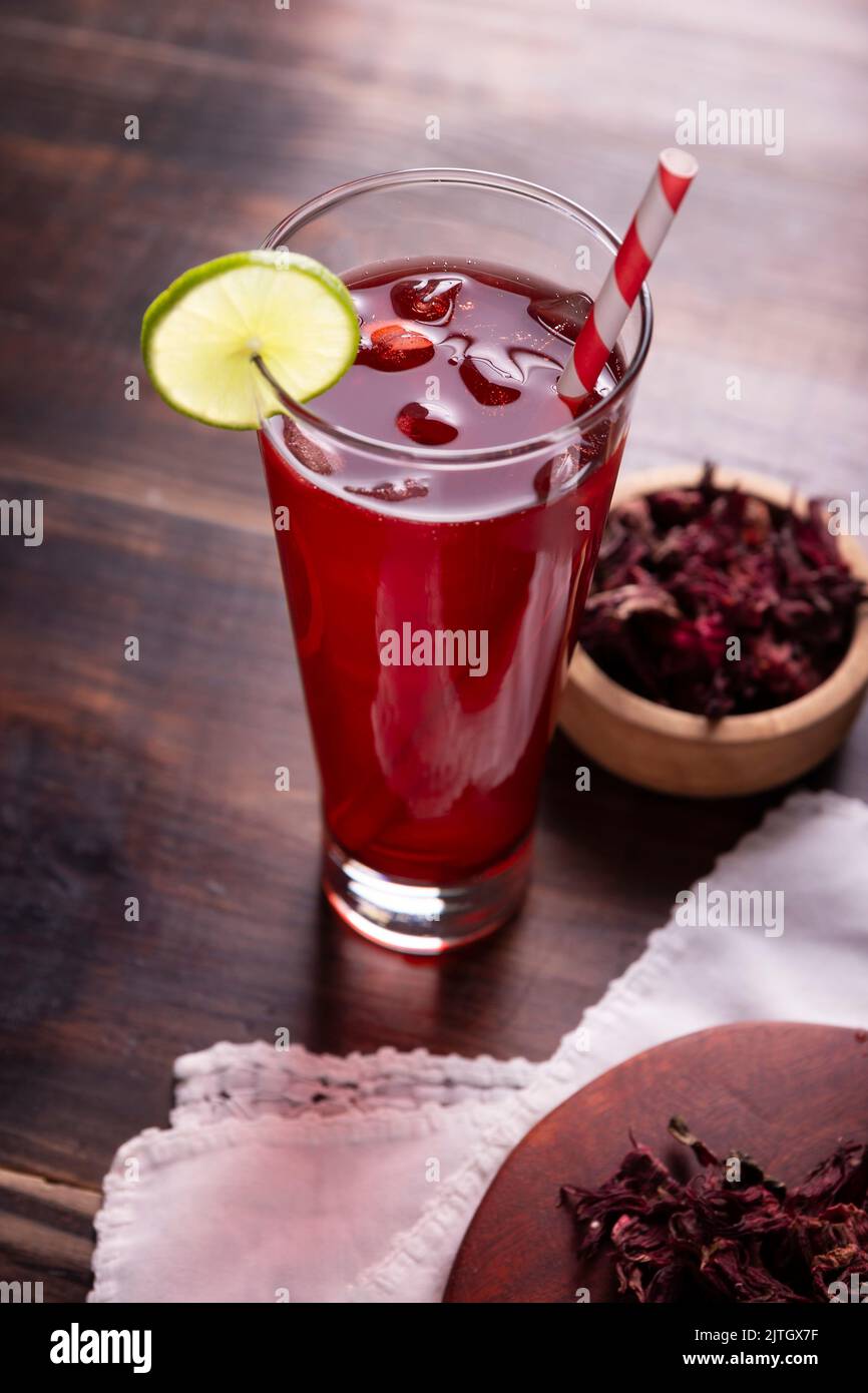Agua de jamaica. Ibiscus tea made as an infusion from roselle flower ...