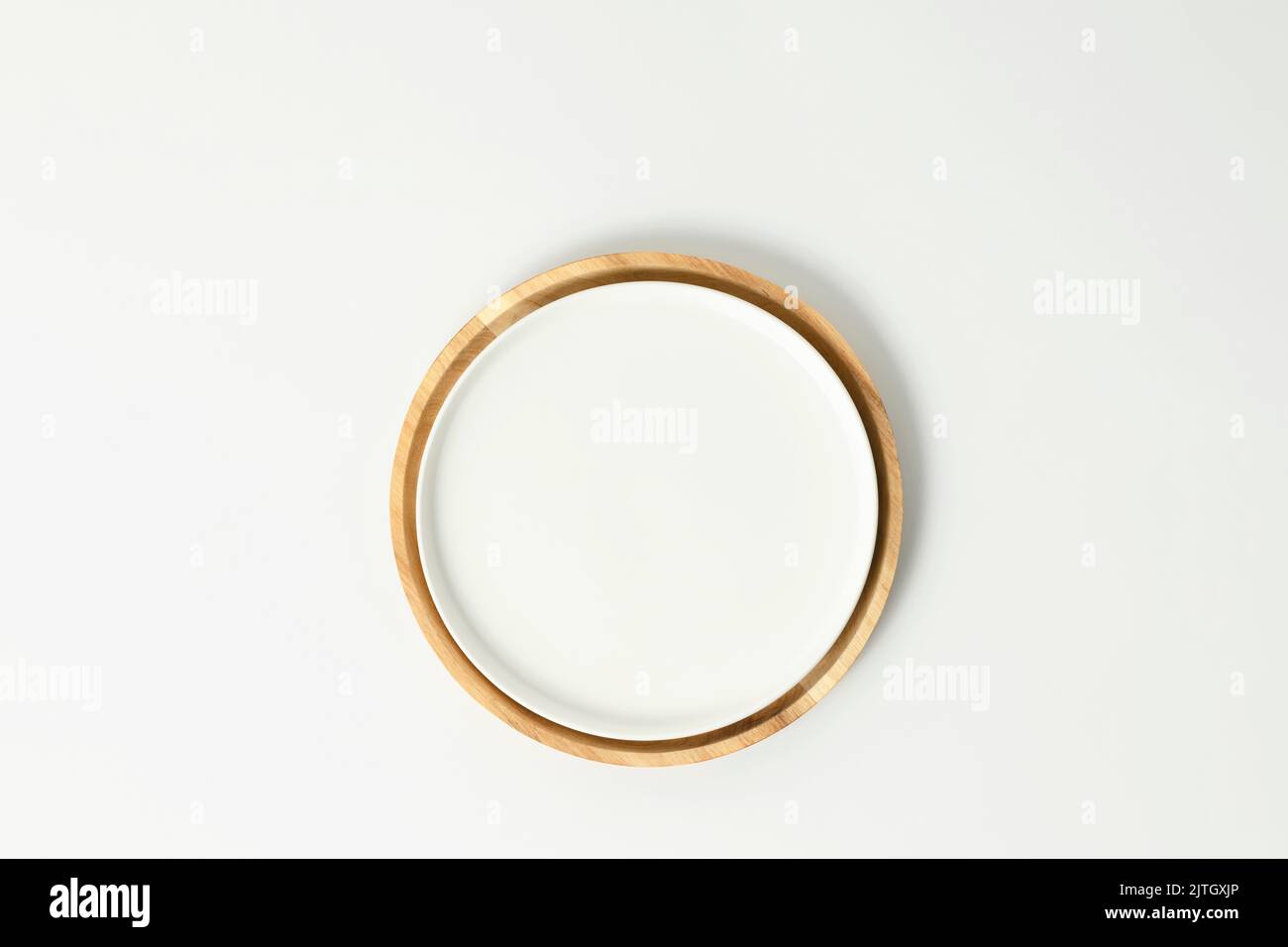 White empty plate on wooden plate flat lay. Provence style, kitchen ...