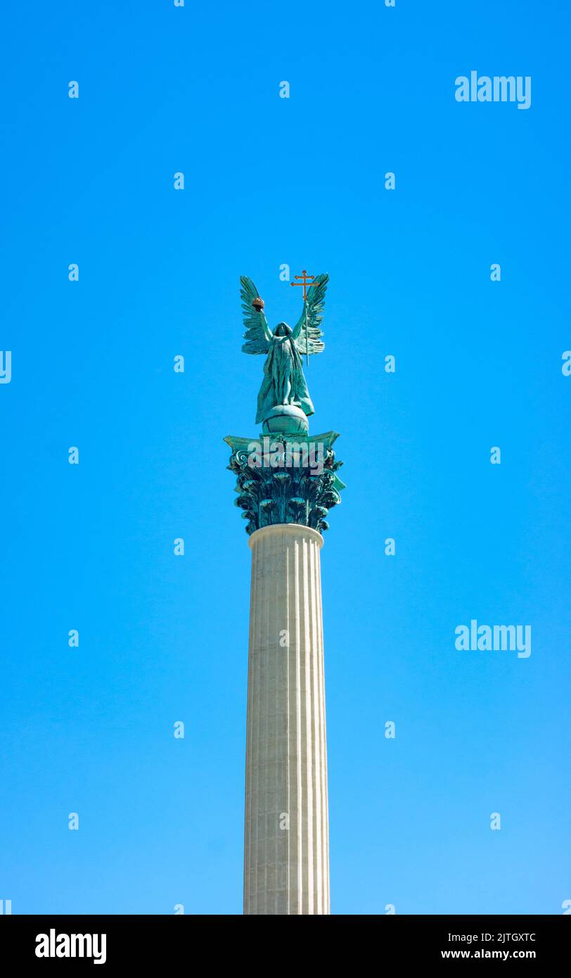 Monument in Heroes Square,Budapest, shows angel Gabriel, guardian of ...
