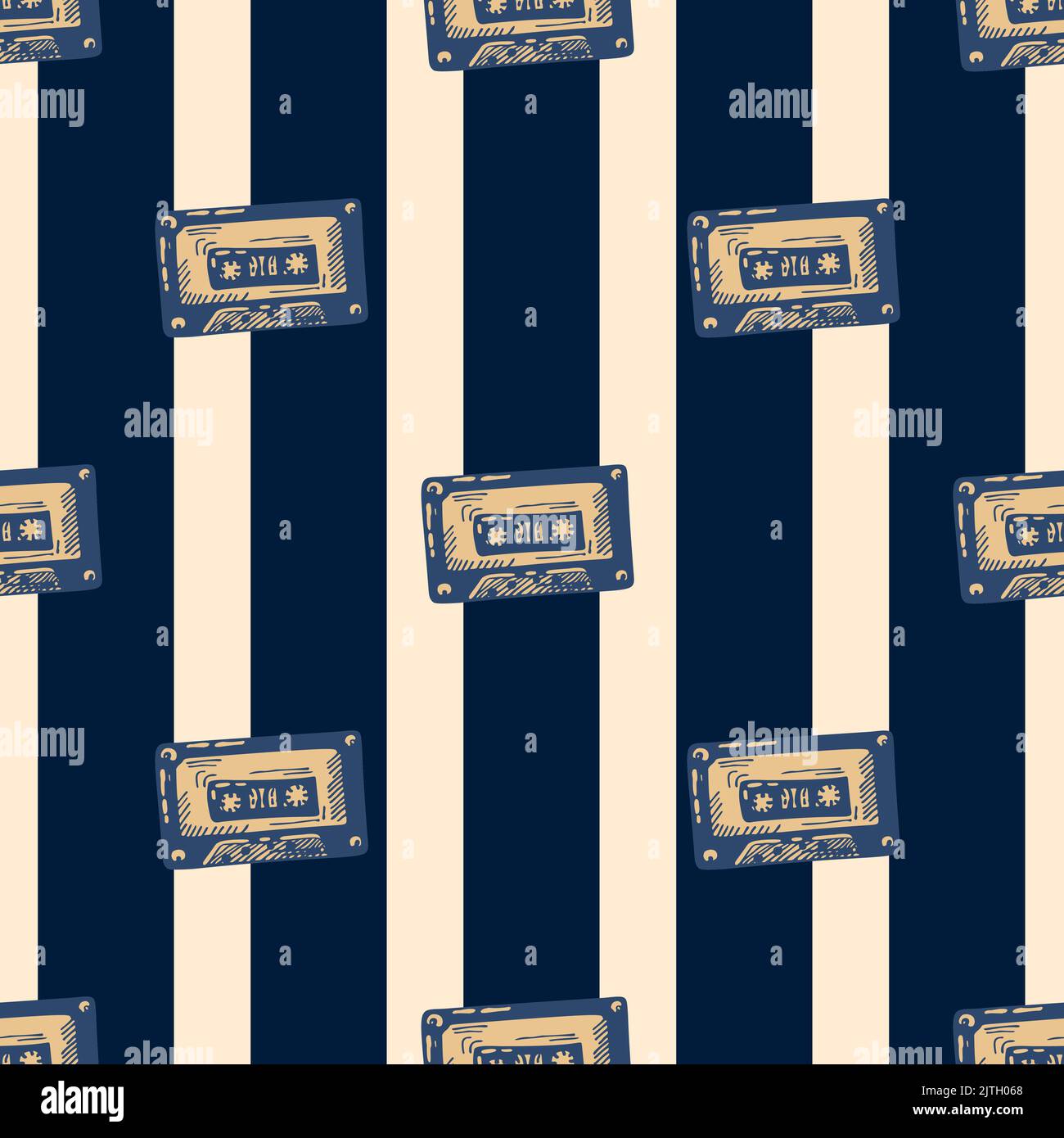 Audio cassette tape engraved seamless pattern. Vintage music cassette ...