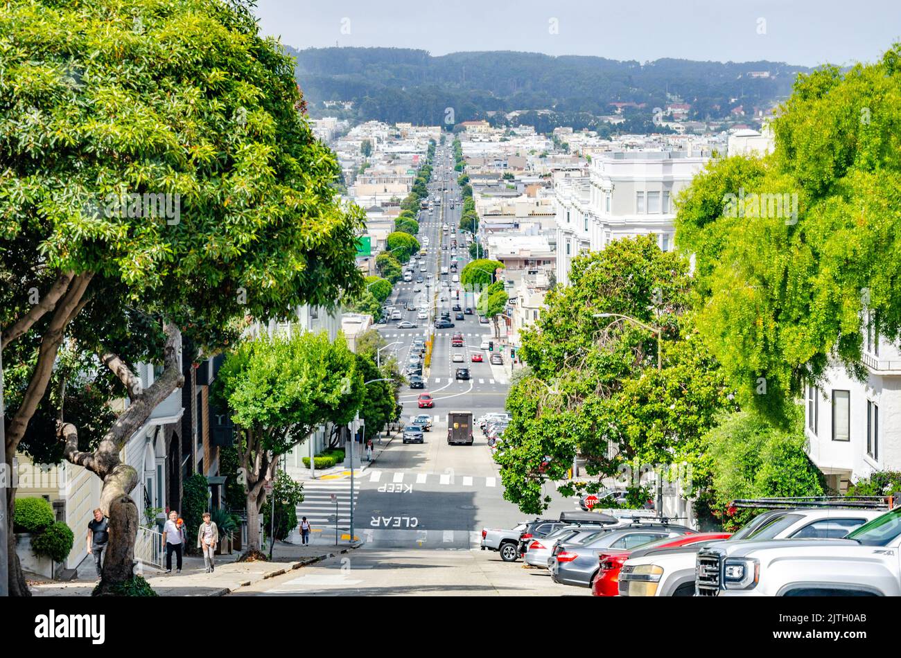 A view looking west down Lombard Street in San Francisco, California ...