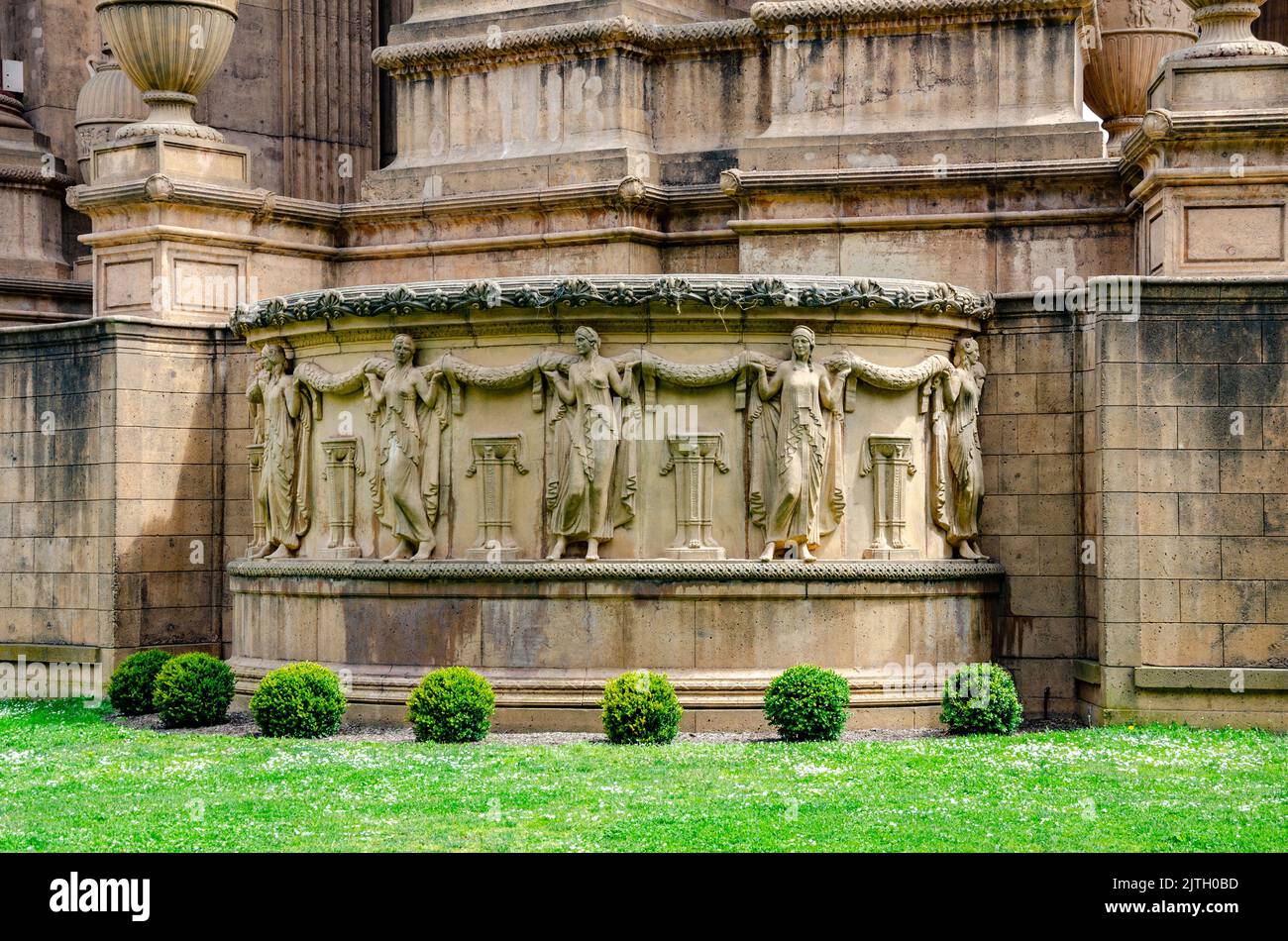Detail on a stone plinth at The Palace of Fine arts in San Francisco ...