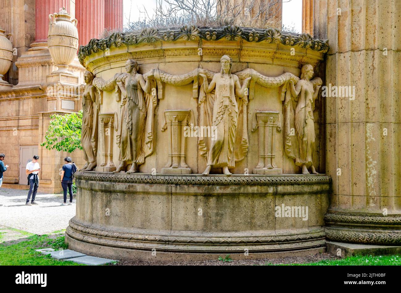 Detail on a stone plinth at The Palace of Fine arts in San Francisco ...