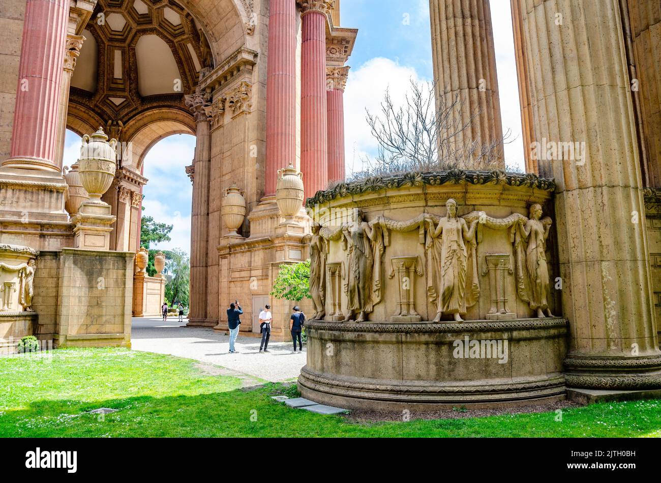 Detail on a stone plinth at The Palace of Fine arts in San Francisco ...