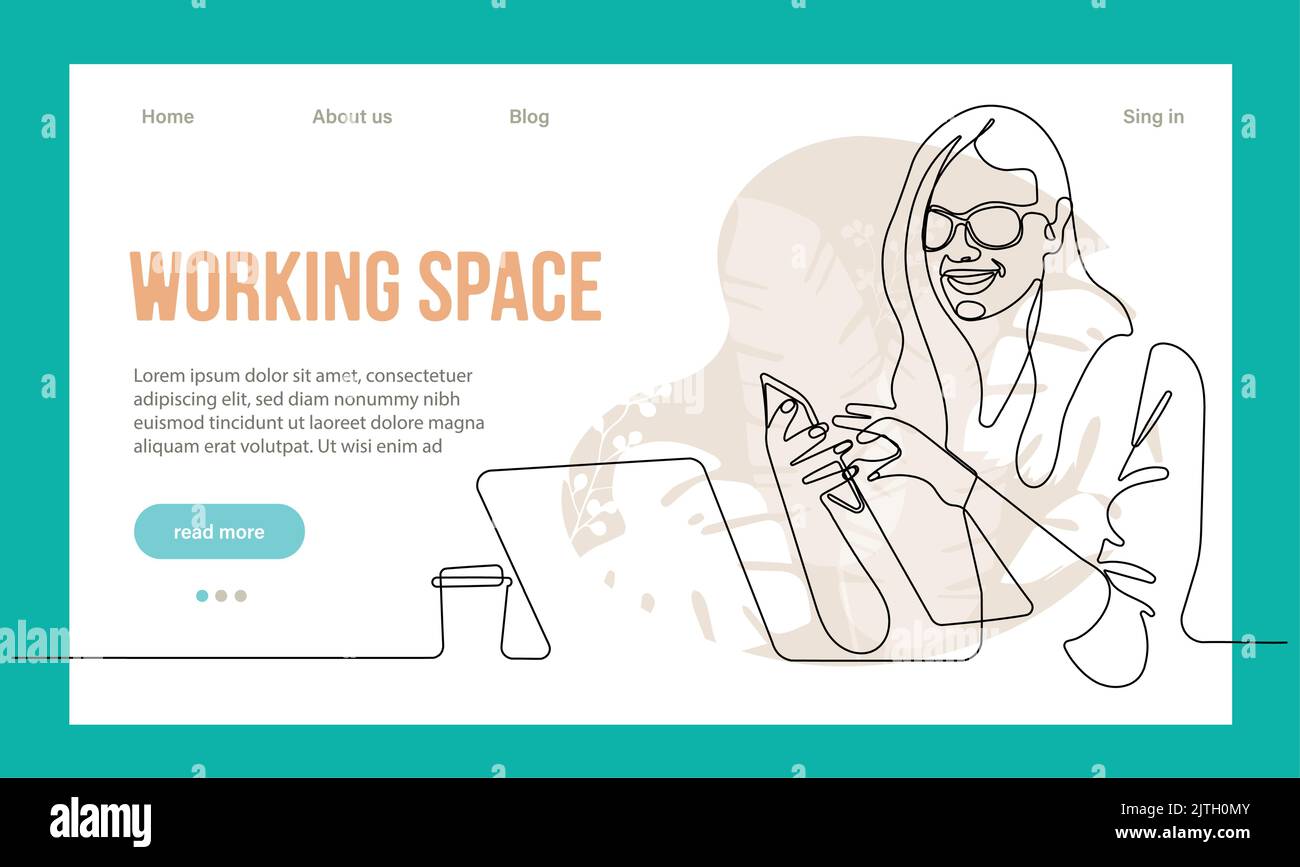 Coworking Space Landing Page Flat Cartoon Template. Freelancers Team Working Online on Laptop ...