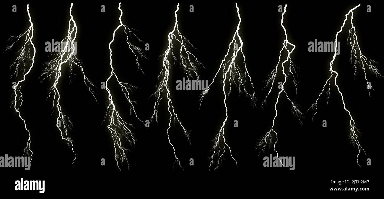 Set of different lightning bolts isolated on black background Stock ...