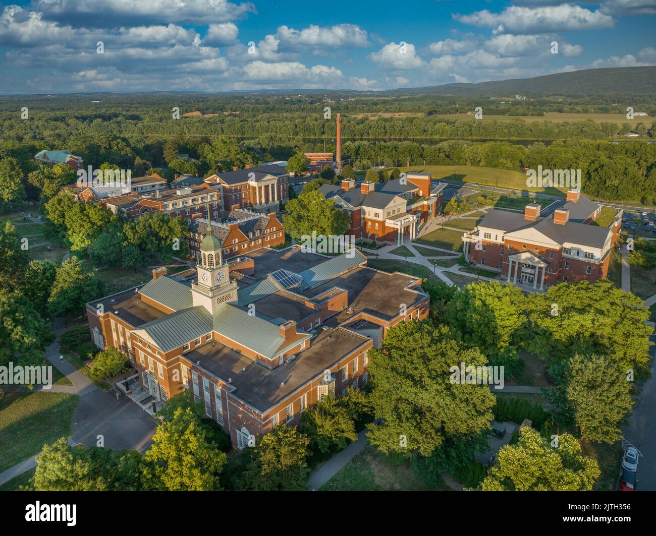 Aerial view of Bucknell University colonial red brick buildings in ...