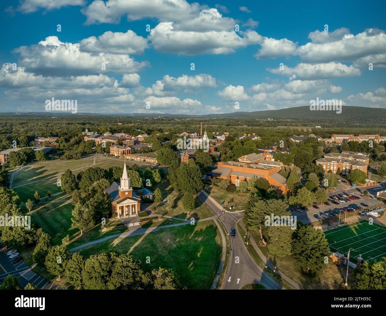Aerial view of Bucknell University colonial red brick buildings in ...