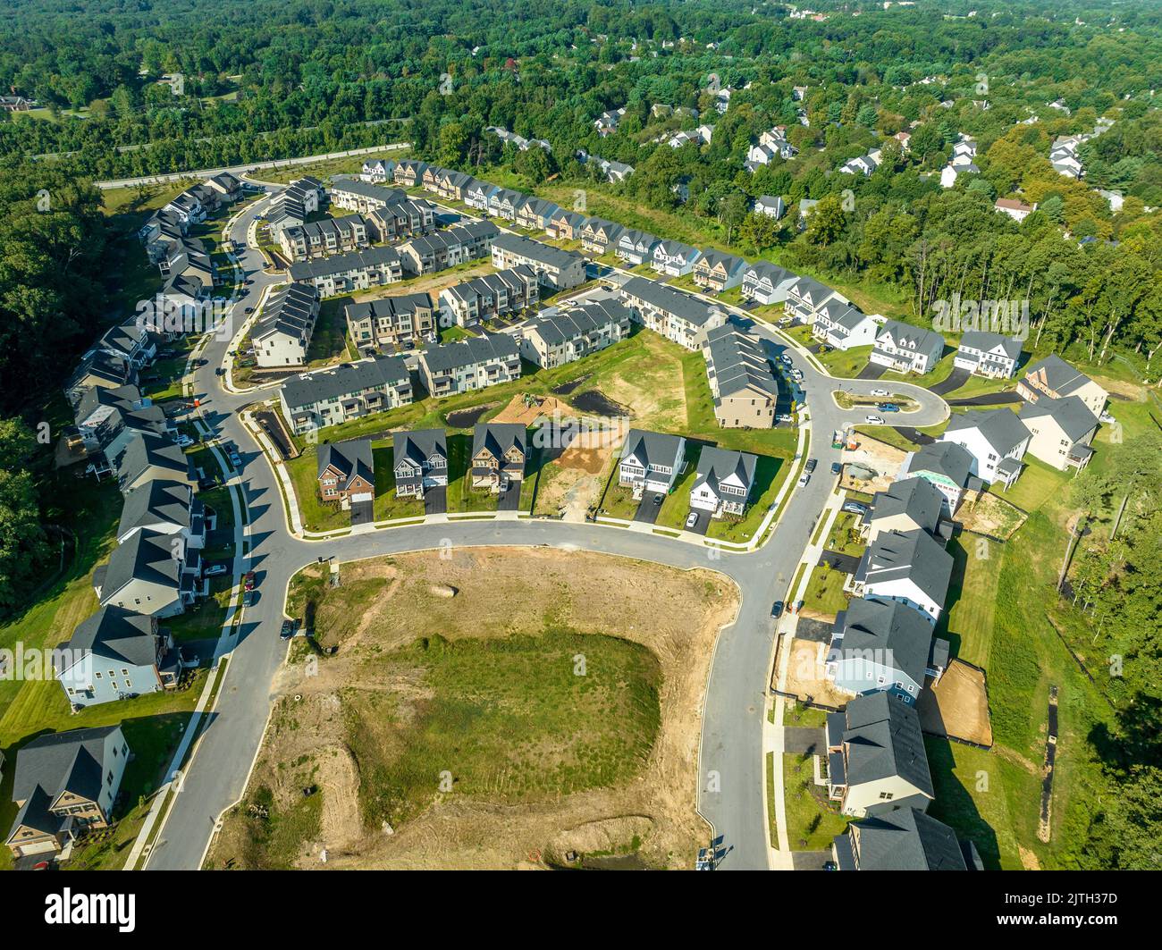 Aerial view of new American real estate development neighborhood with ...