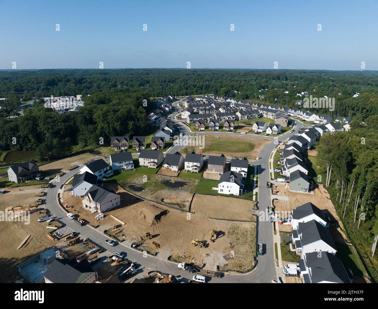 Aerial view of new American real estate development neighborhood with ...