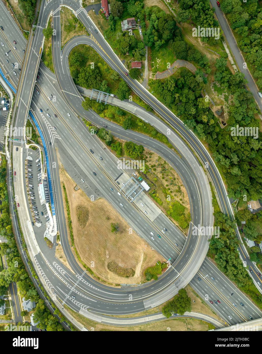 Aerial view of toll plaza and complex intersection leading up to the ...