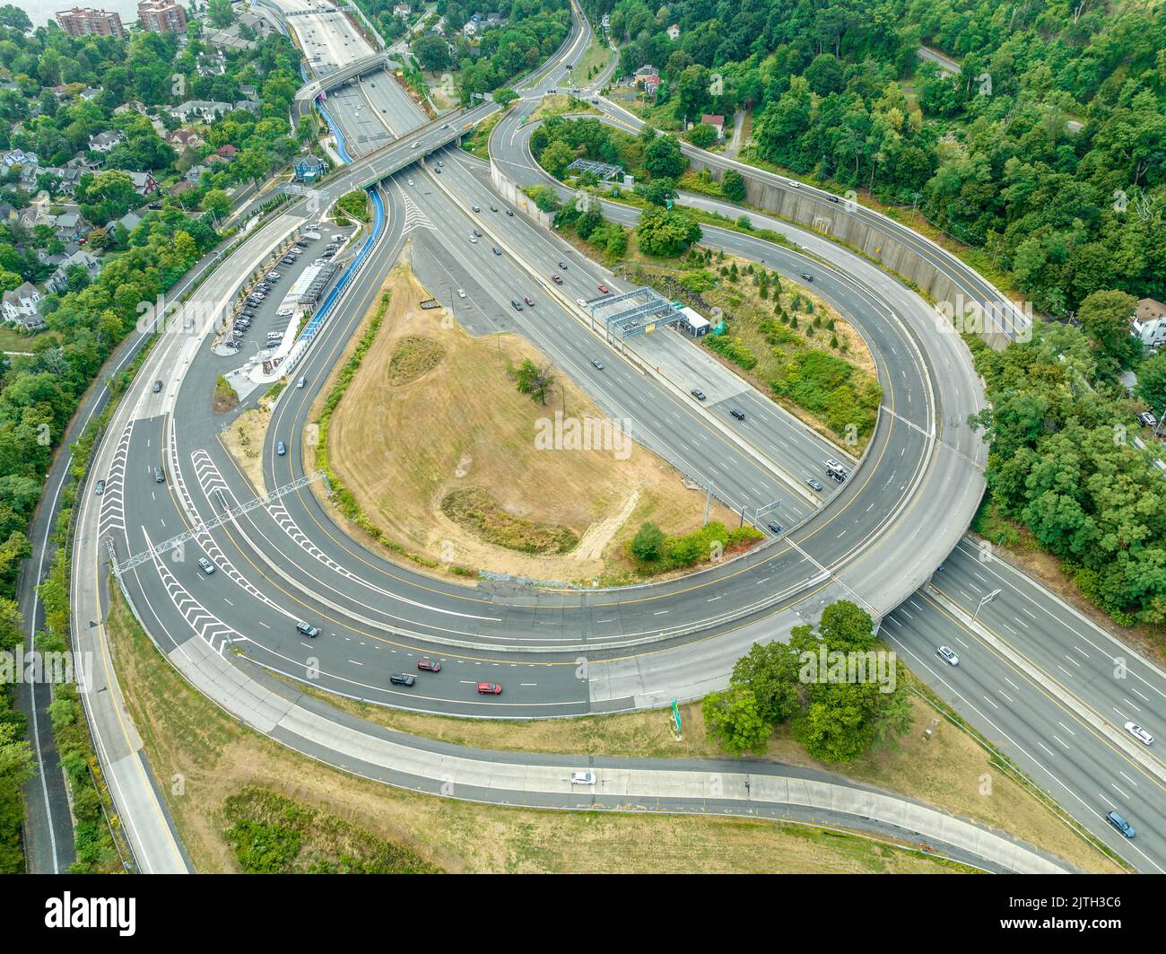 Aerial view of toll plaza and complex intersection leading up to the ...