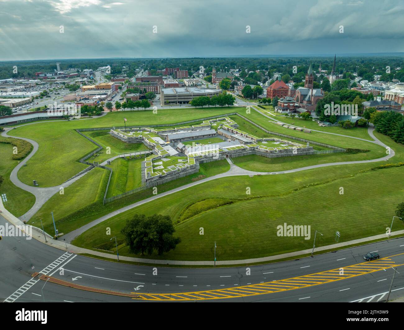Aerial view of reconstructed earth wood star fort from the ...