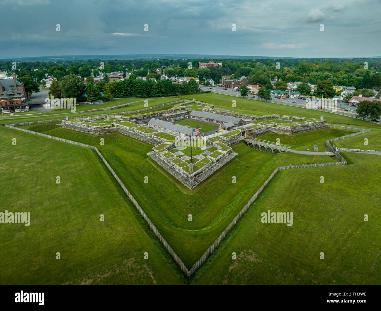 Aerial view of reconstructed earth wood star fort Stanwix Revolutionary war Rome New York with ...