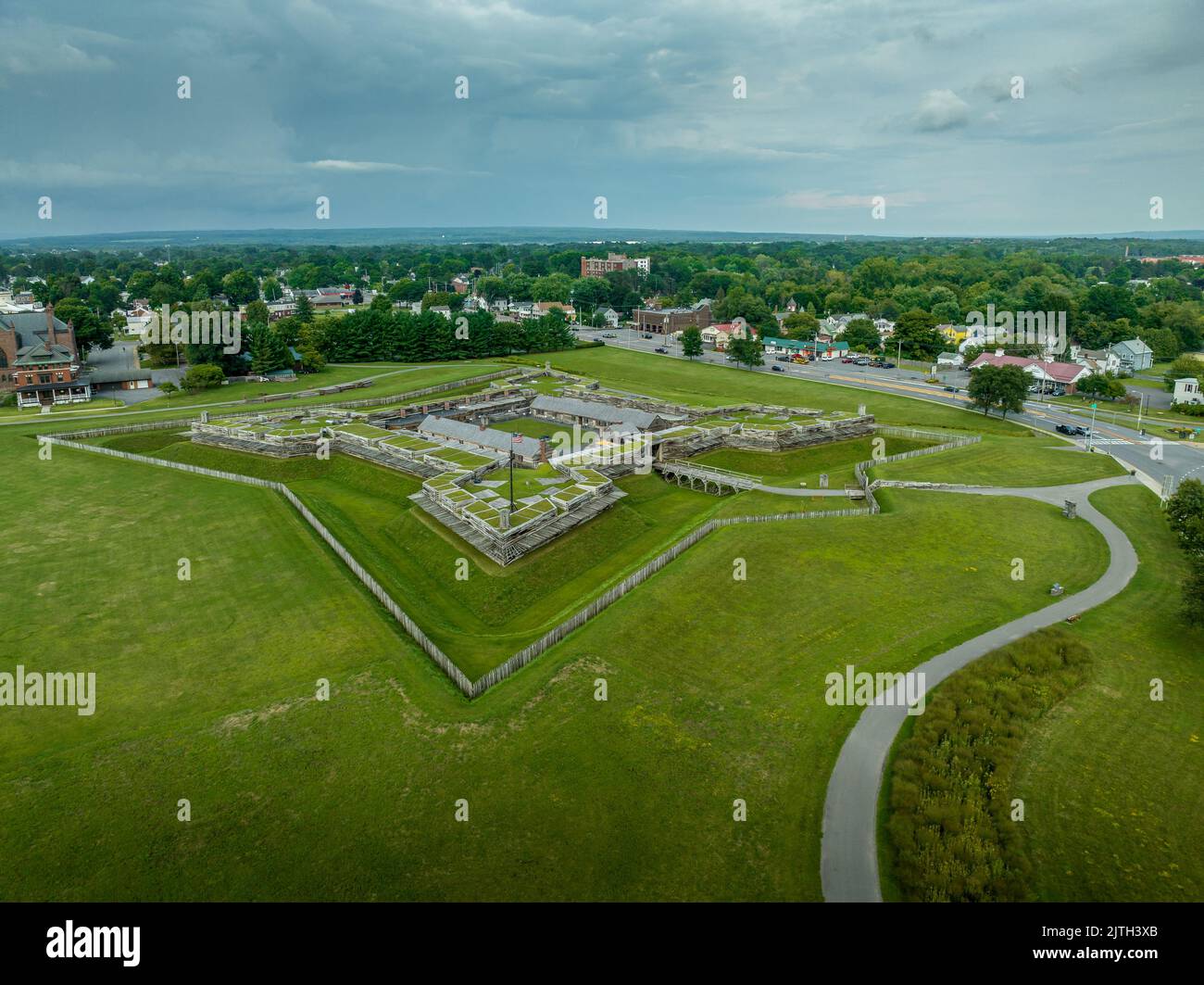 Aerial view of reconstructed earth wood star fort Stanwix Revolutionary war Rome New York with ...