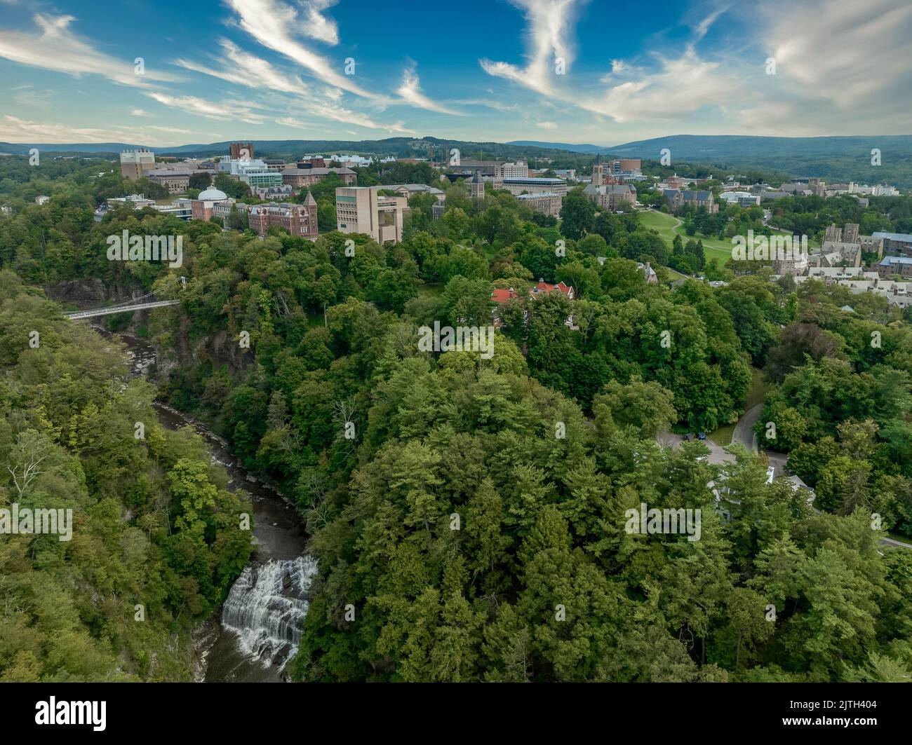 Aerial view of Ithaca Falls home to Ivy League Cornell University next ...