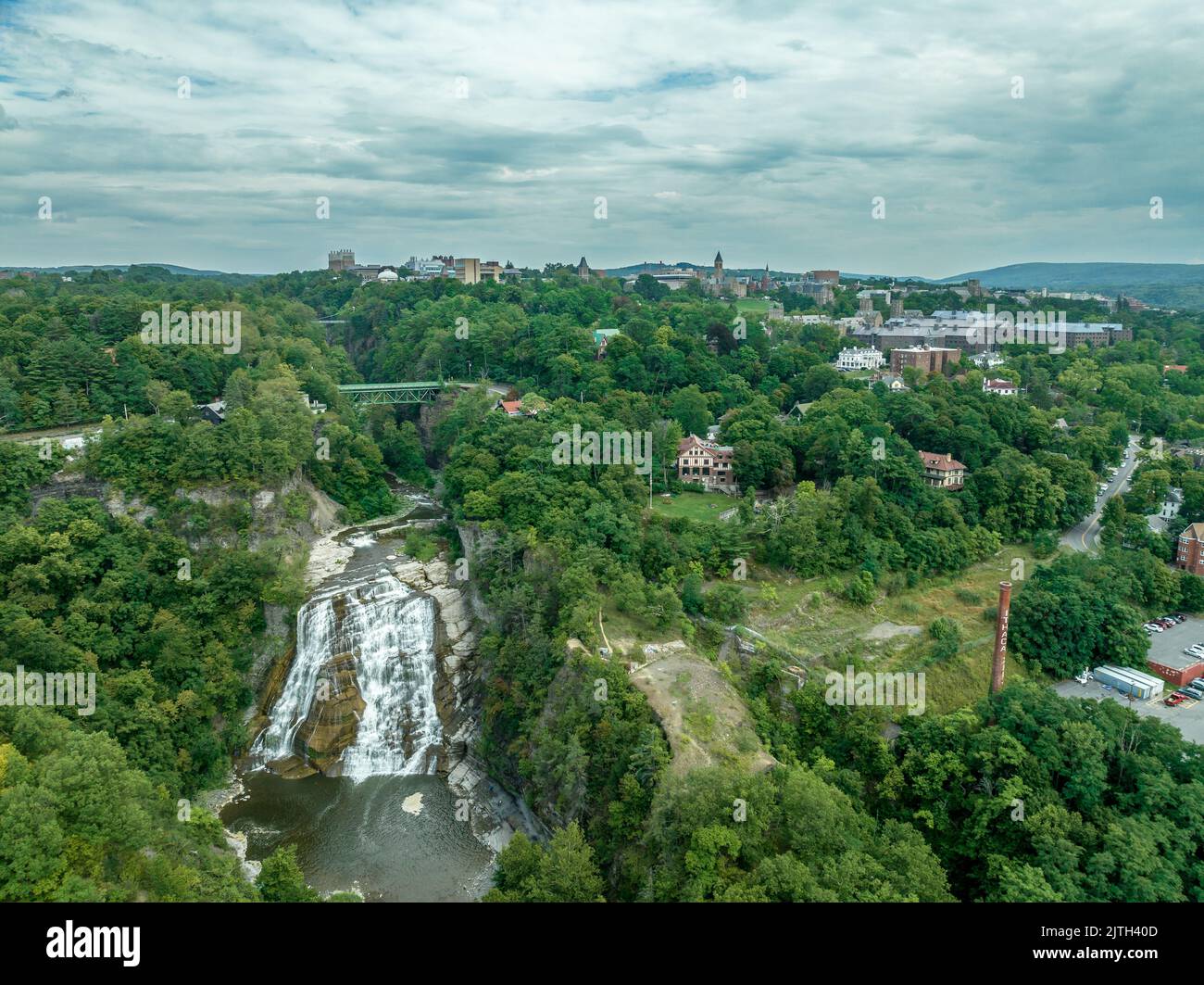 Aerial view of Ithaca Falls home to Ivy League Cornell University next ...