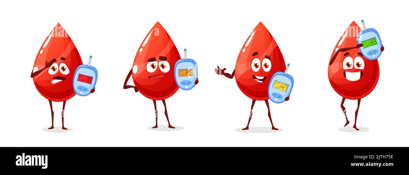 Diabetes characters, cartoon blood drops with glucometer for meter ...