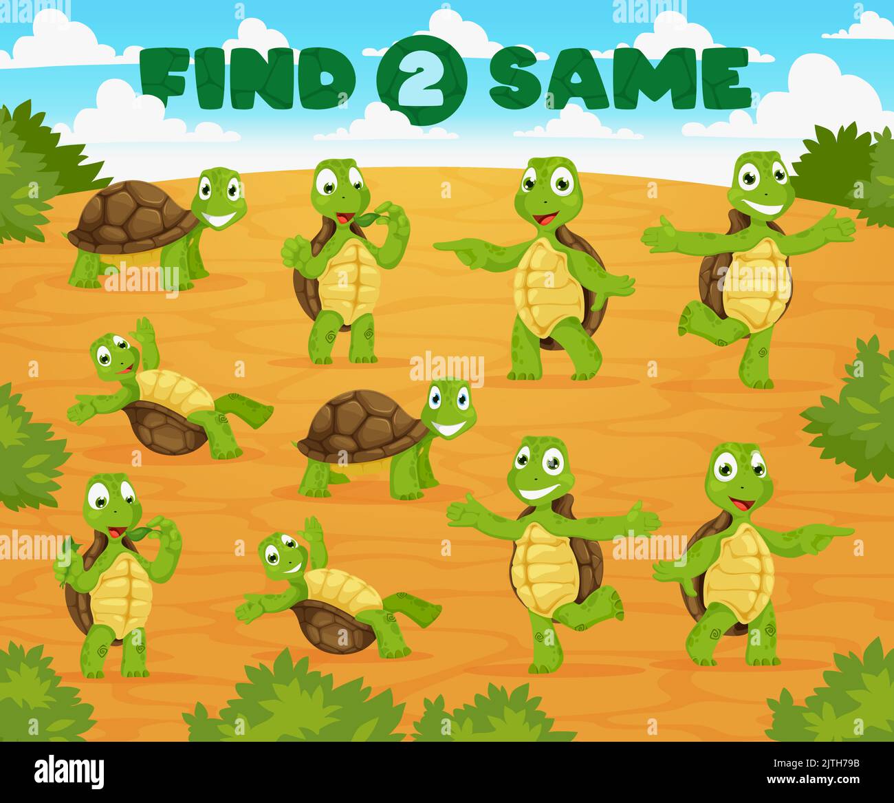Find two same cartoon turtles. Cheerful tortoise animal characters ...