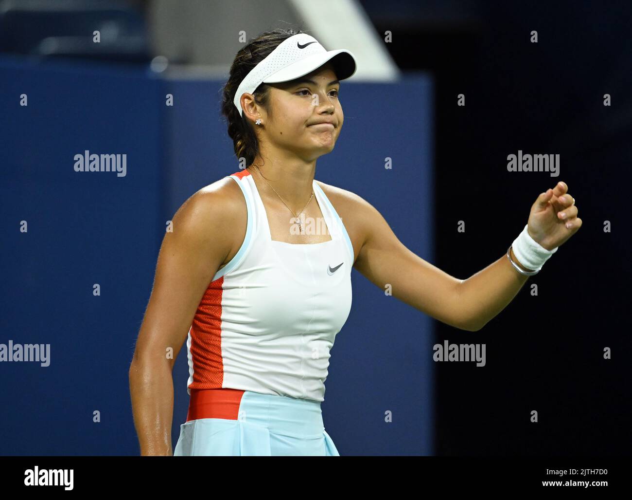 Emma Raducanu in action against Alize Cornet during day two of the US ...