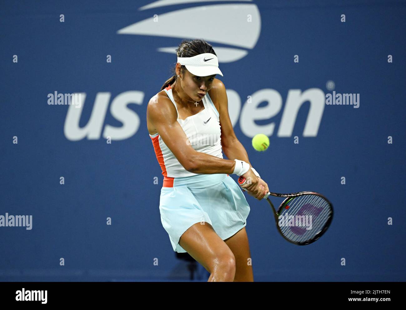 Emma Raducanu in action against Alize Cornet during day two of the US ...