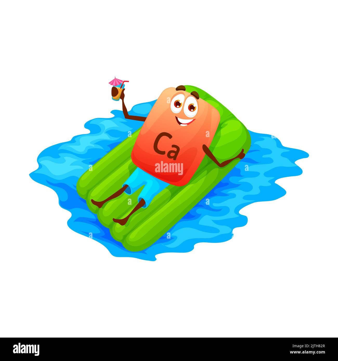 Cartoon calcium micronutrient character on air mattress. Vector Ca pill ...