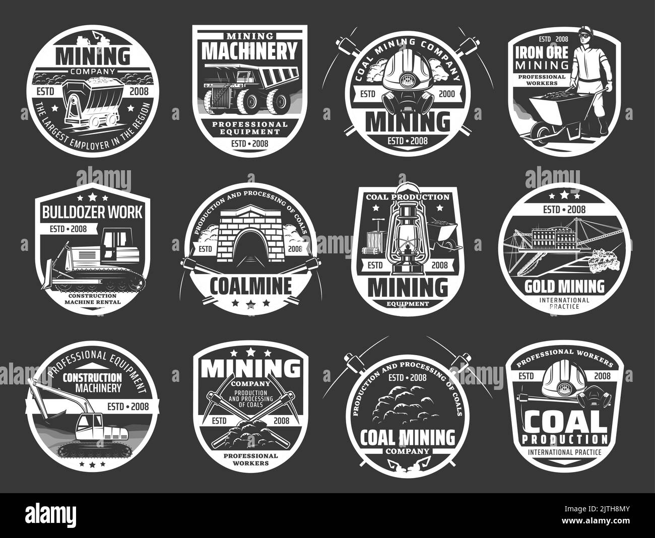 Coal mining industry isolated vector icons set. Mine machinery and ...