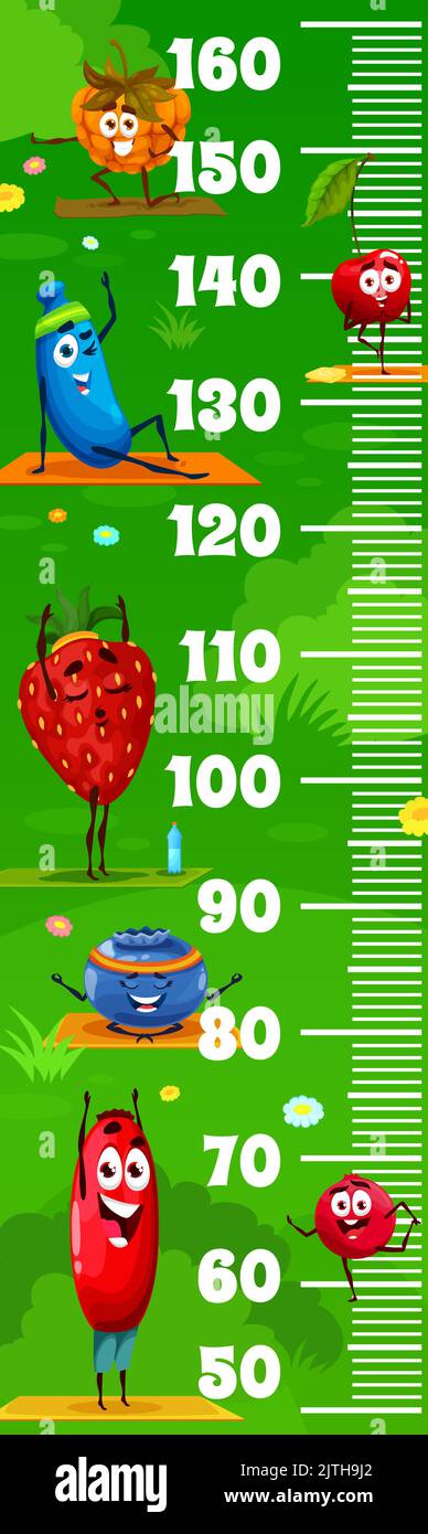 Kids height chart. Cartoon cute berry characters on yoga fitness. Child ...