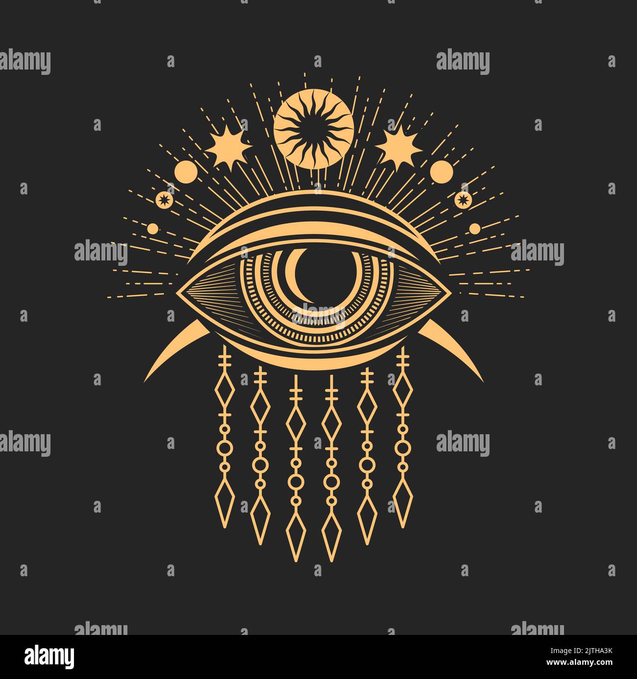 Esoteric symbol magic eye, tattoo occult mason sign. Vector providence all seeing eye, sun and ...