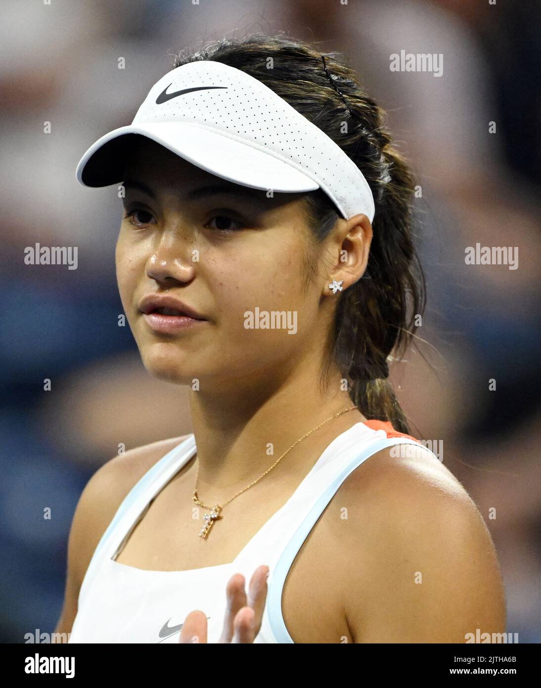 Emma Raducanu in action against Alize Cornet during day two of the US ...