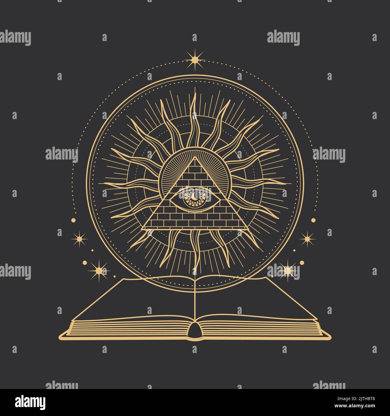 Esoteric tarot symbol, pyramid, eye and spell book in magic pentagram ...