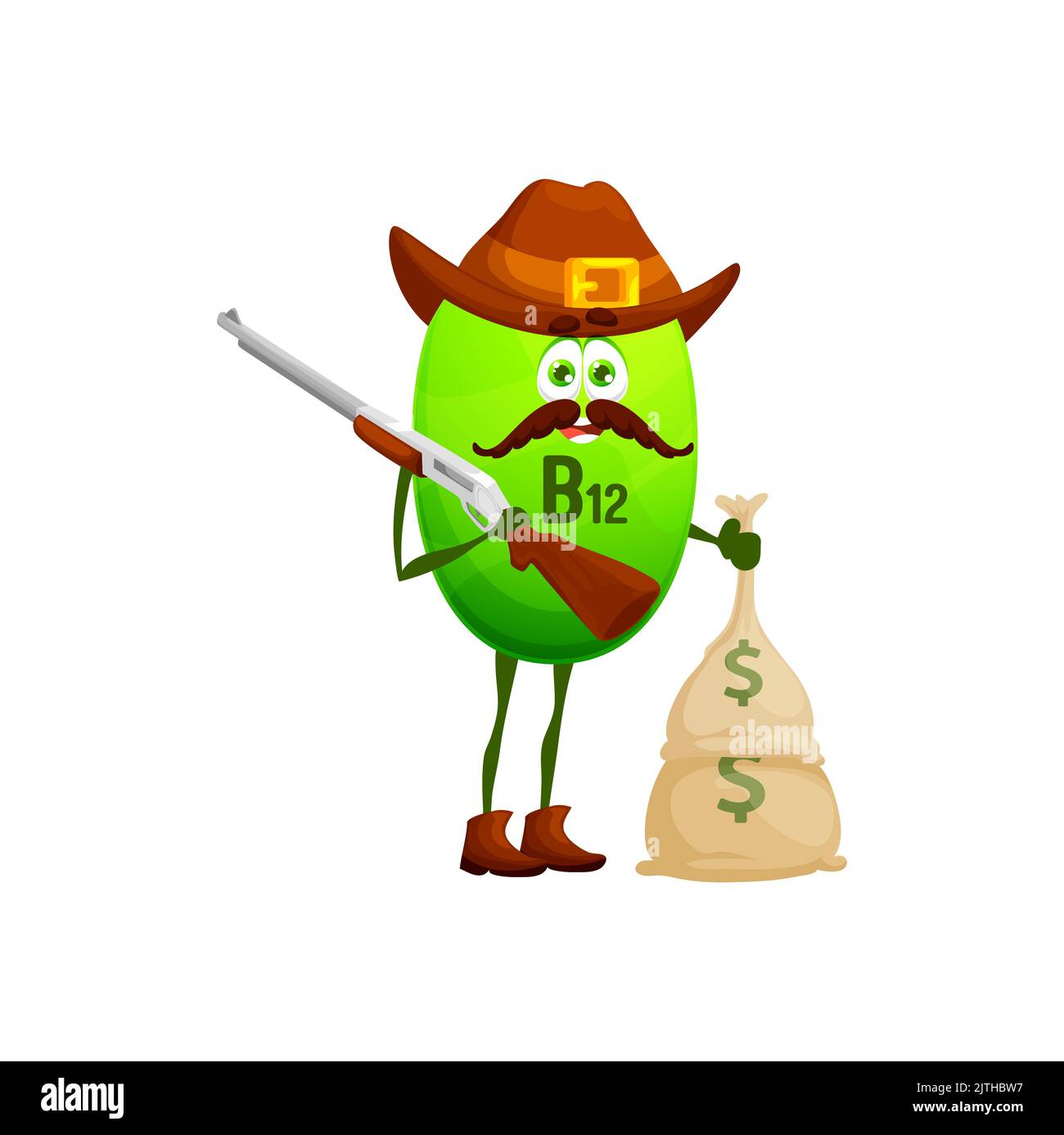 Cartoon vitamin ranger character with money. B12 cowboy personage with ...