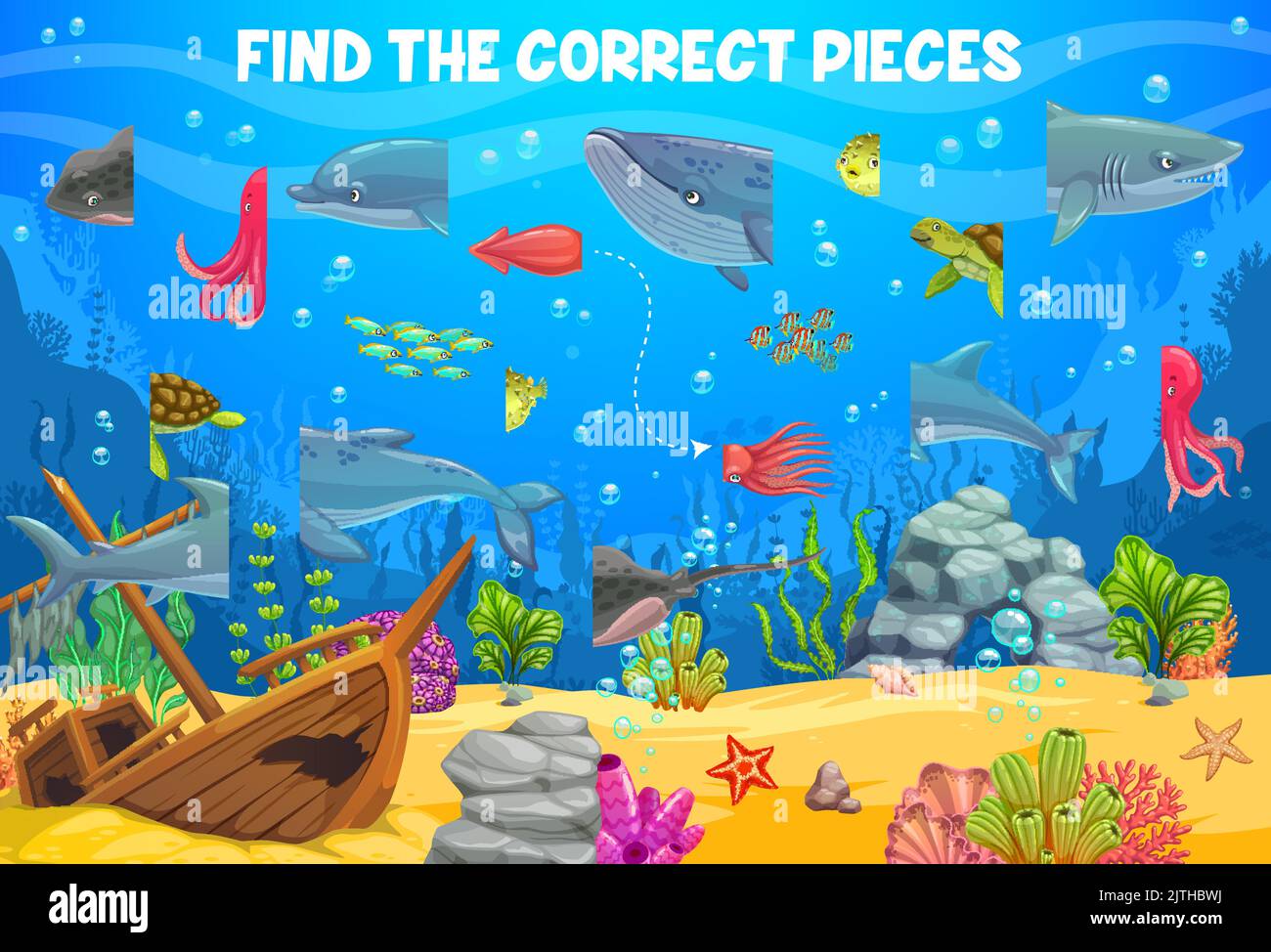 Underwater landscape. Find the correct pieces of sea animals and fish ...