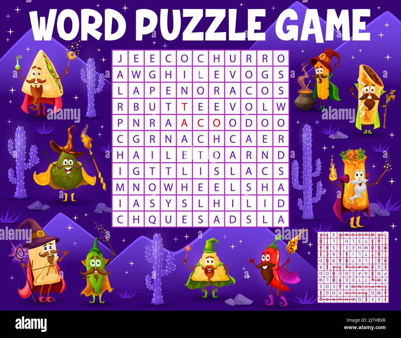 Word search puzzle game cartoon tex mex mexican food wizard characters ...