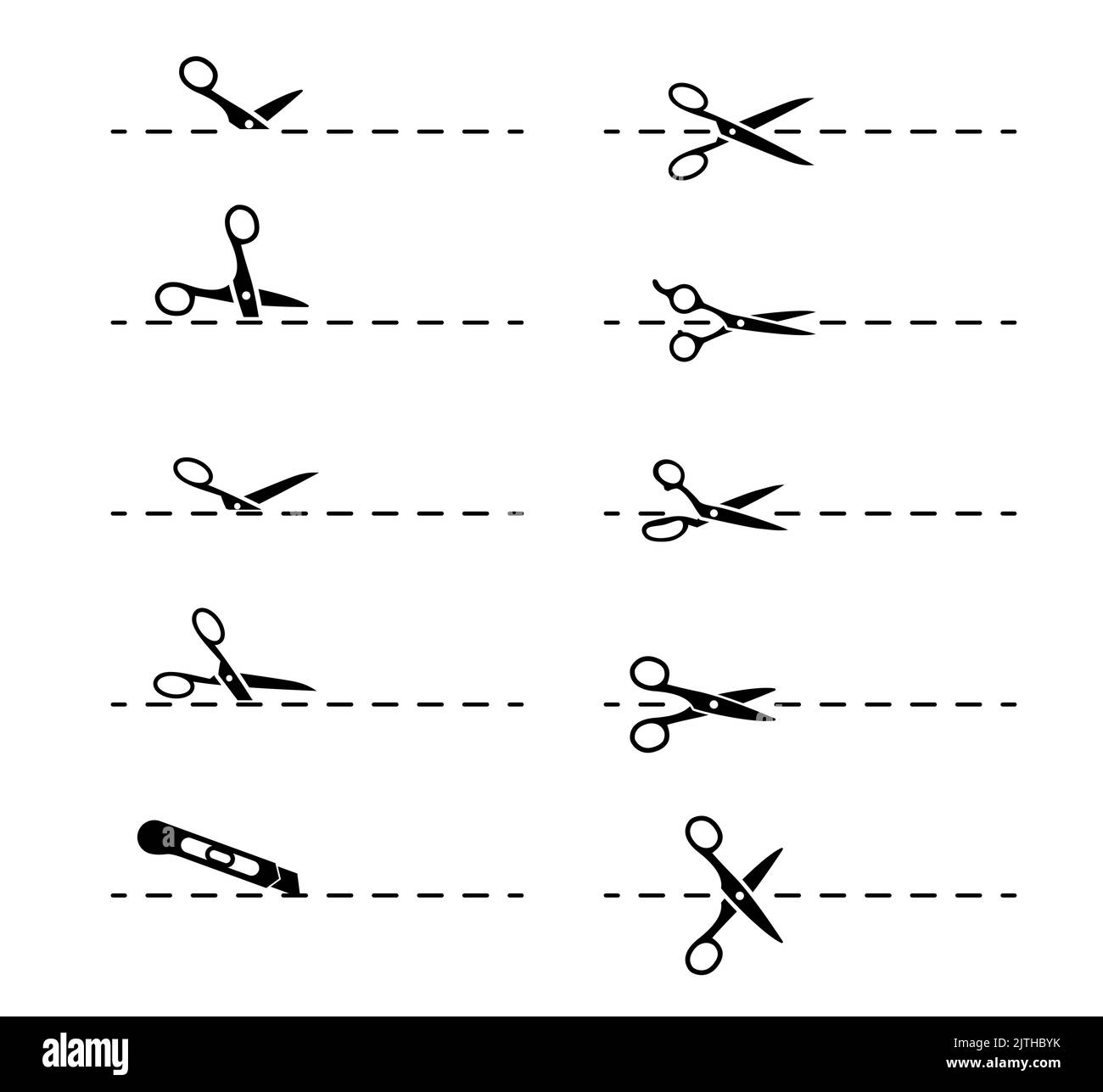 Cut lines, scissor, utility knife cutting lines, vector black dash ...