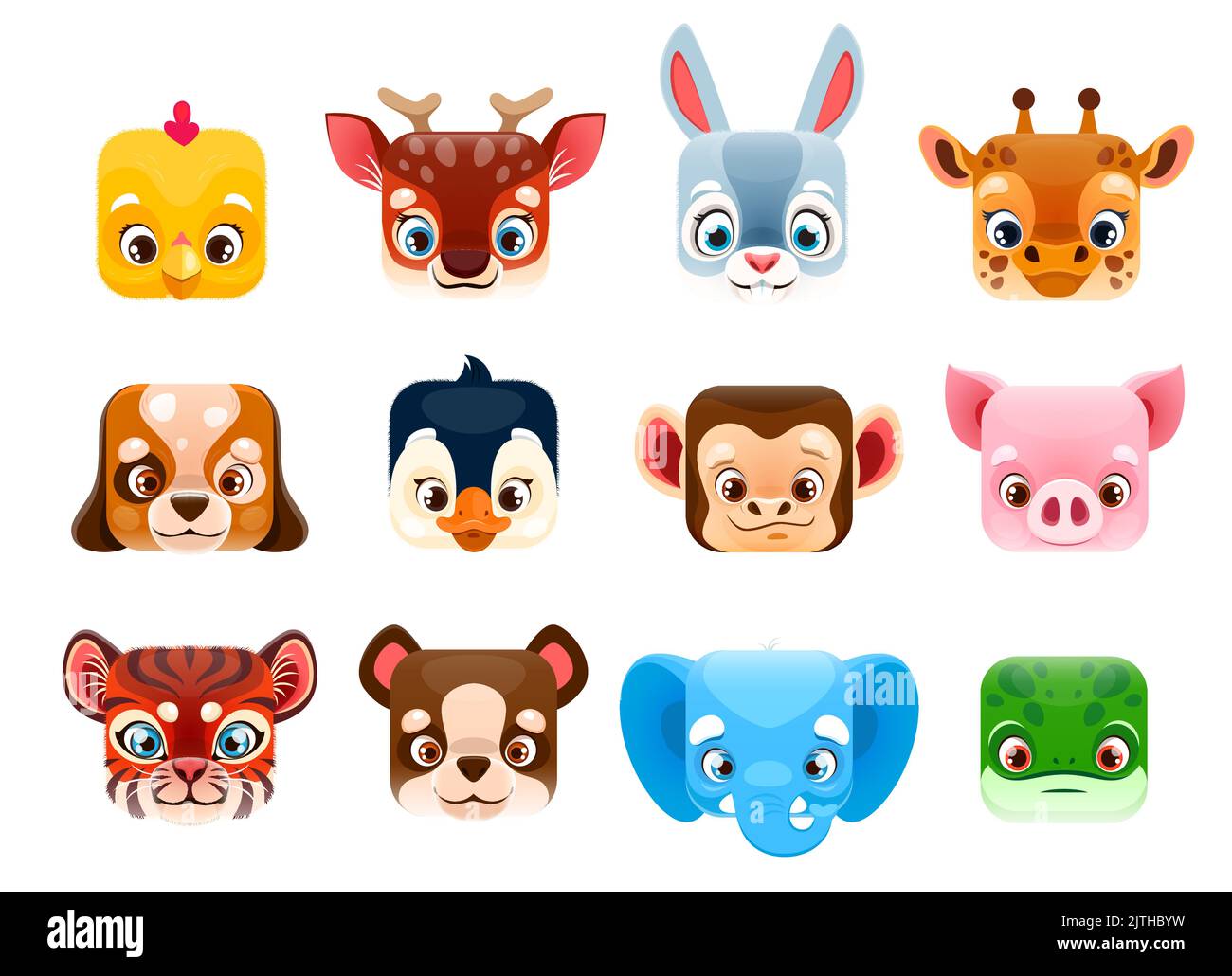 Cartoon kawaii square animal faces. Vector heads of cute dog, bear, pig ...