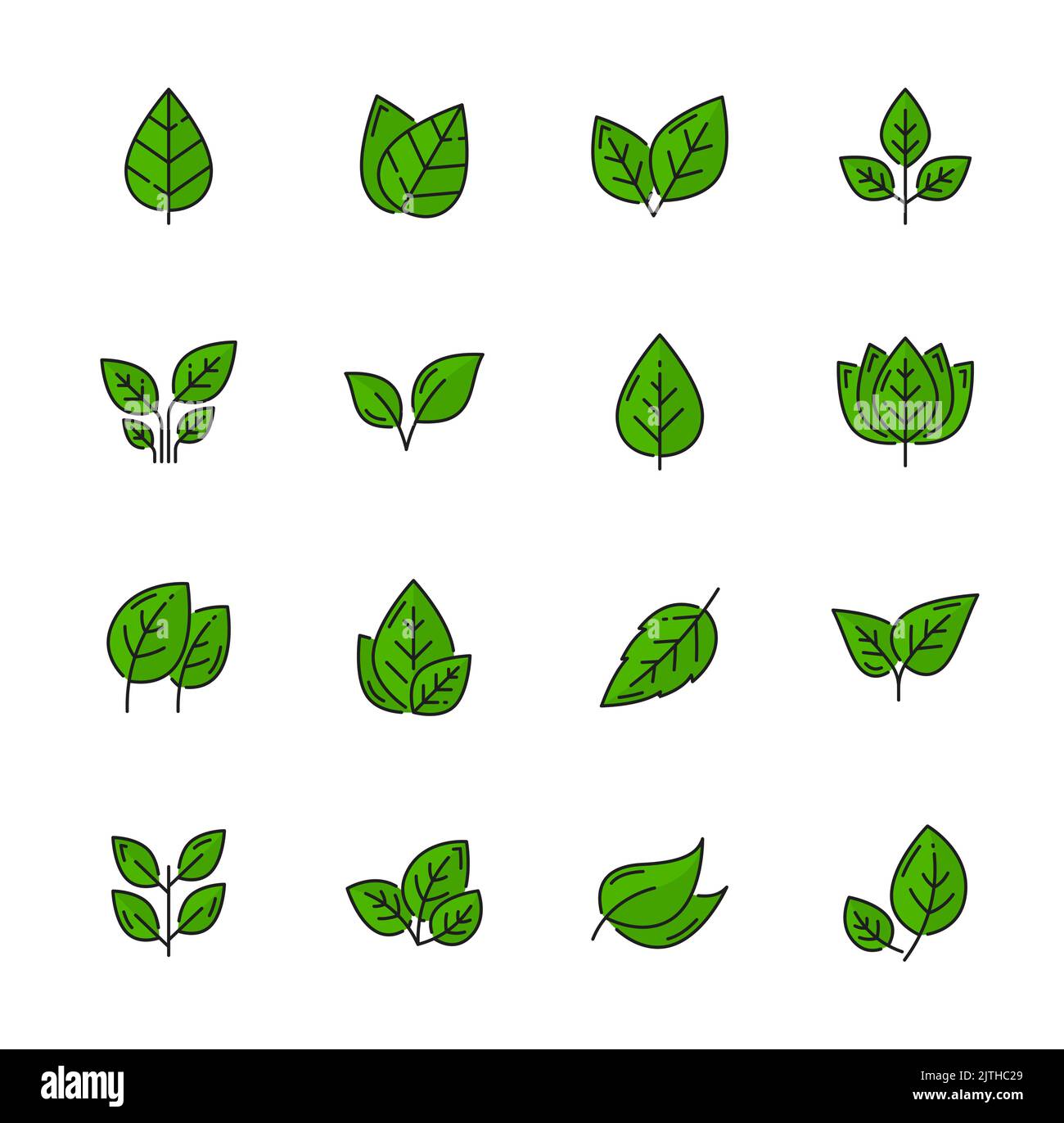 Green leaf outline linear icons, tree plant or nature leaves, vector ...