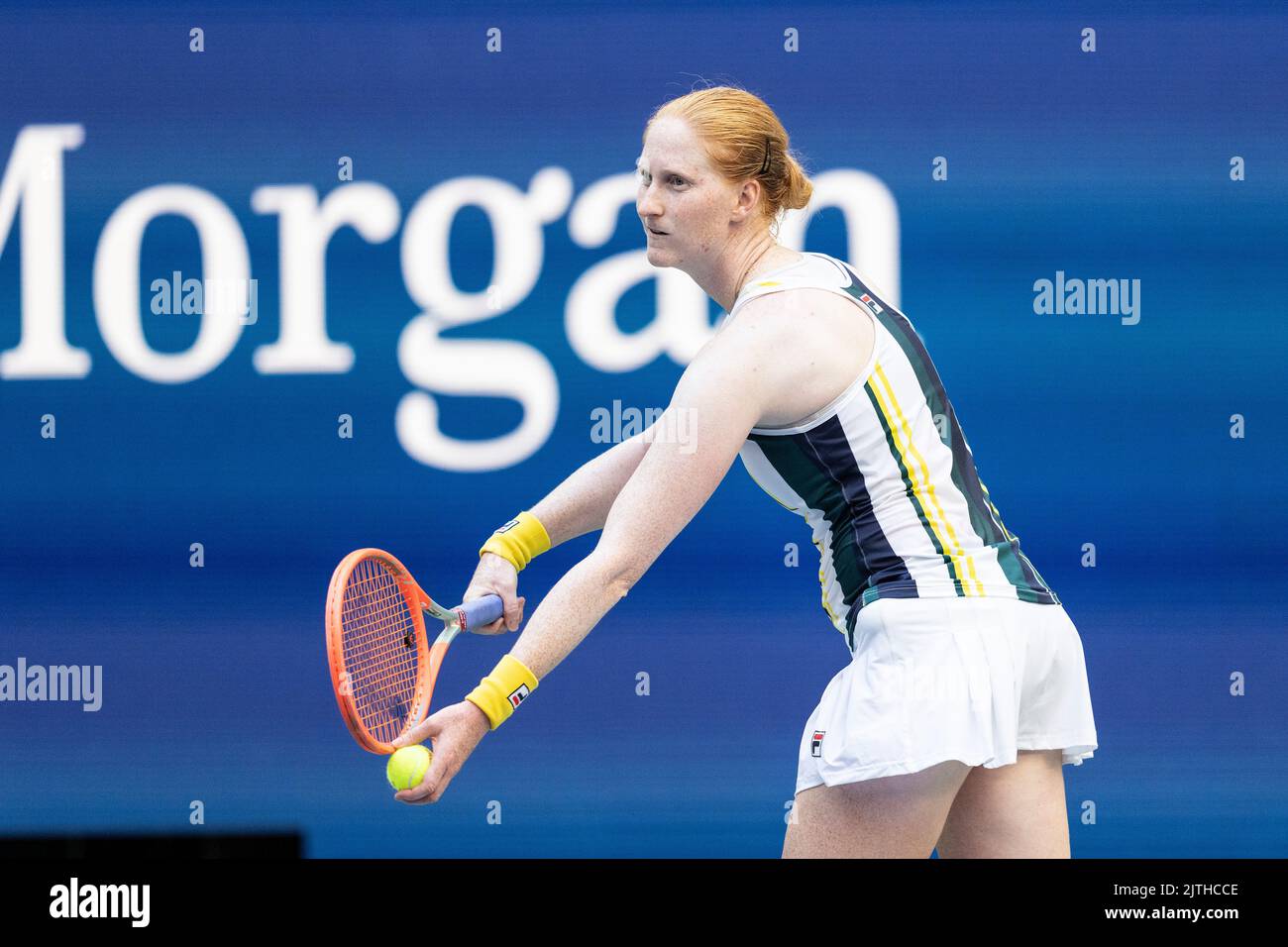 New York, NY - August 30, 2022: Alison Van Uytvanck of Belgium serves ...