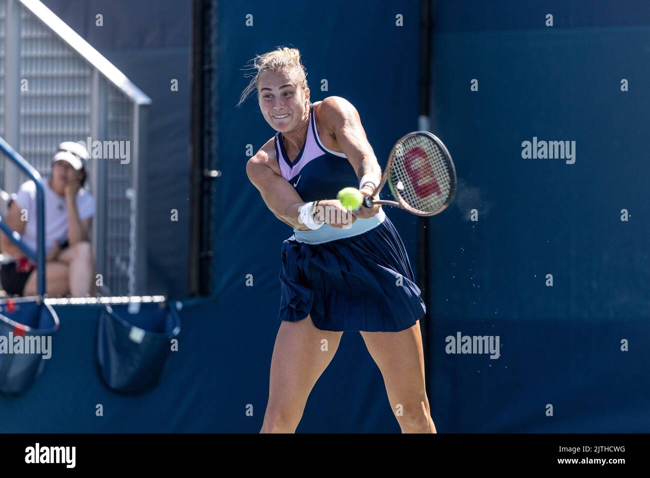 New York, NY - August 30, 2022: Aryna Sabalenka returns ball during US ...