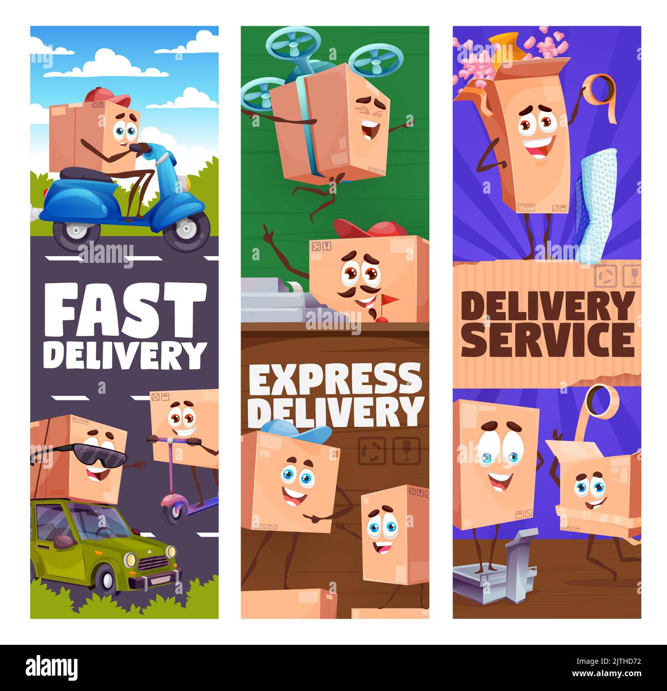 Fast delivery and shipping service. Cartoon package and parcel box ...