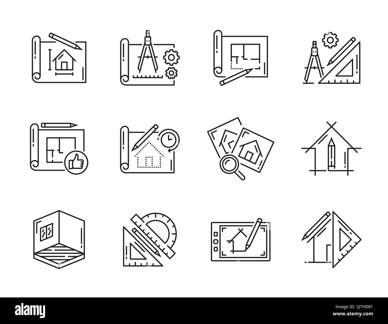 Architect development and interior design icons, vector house plan and ...