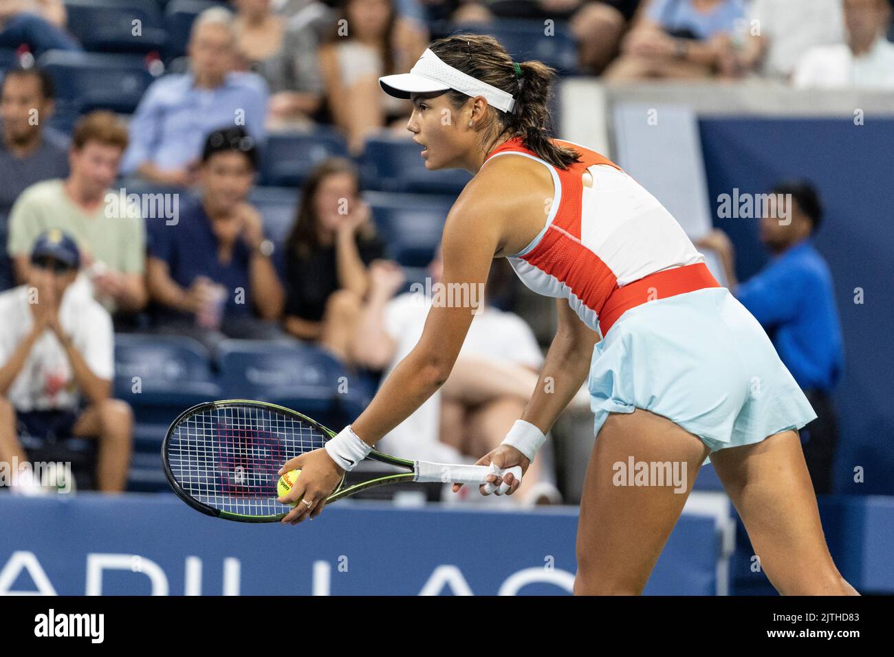 New York, NY - August 30, 2022: Emma Raducanu of Great Britain serves ...