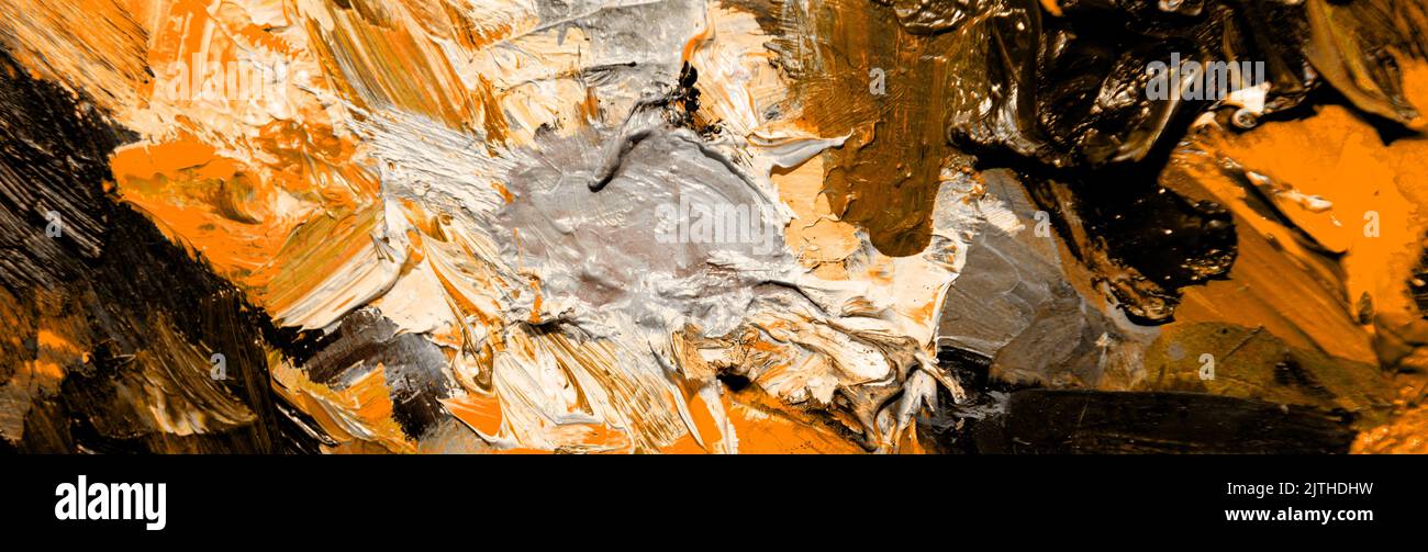 Banner of abstract autumn background. Smeared orange paint on canvas ...